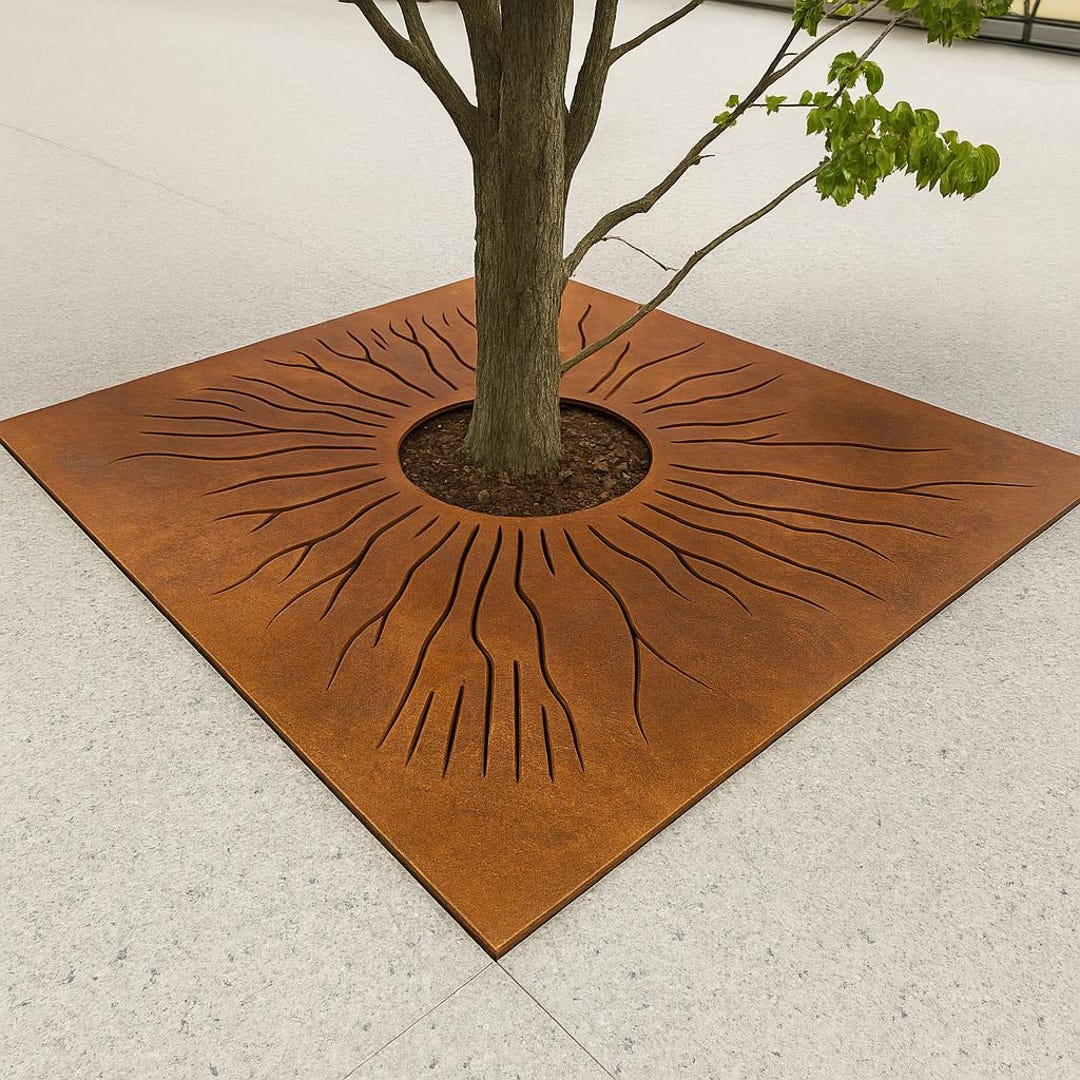 Modern Trapezoidal Corten Steel Tree Grate | Leaf Design Tree Guard for ...