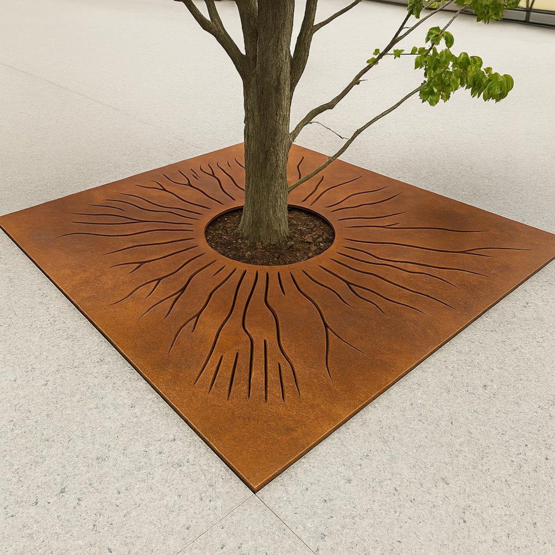 Modern Trapezoidal Corten Steel Tree Grate | Leaf Design Tree Guard for ...