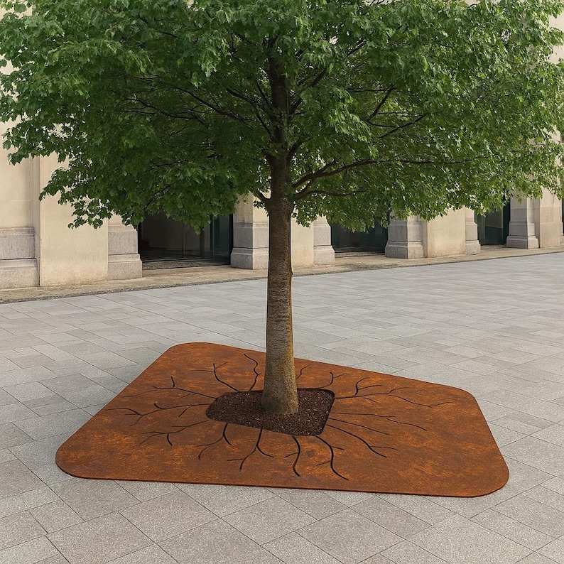 Corten Steel Tree Grate: Leaf Pattern Tree Guard, Modern Landscape ...