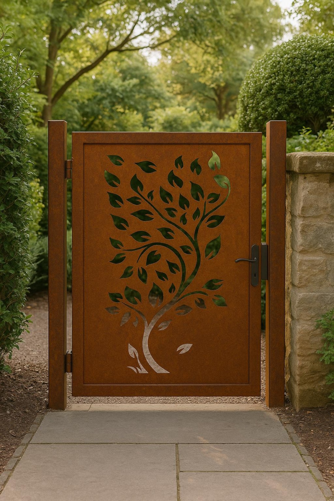 Corten Steel Garden Gate: Laser Cut Tree Design, Modern Entry - Etsy
