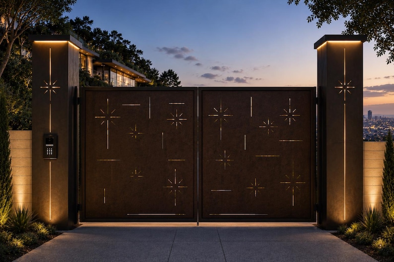 Custom Modern Steel Driveway Gate: Laser Cut Corten or Black Metal - Etsy