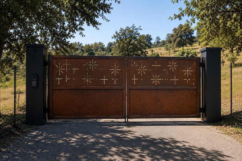 Custom Modern Steel Driveway Gate: Laser Cut Corten or Black Metal - Etsy