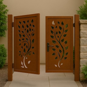 Corten Steel Garden Gate: Laser Cut Tree Design, Modern Entry - Etsy