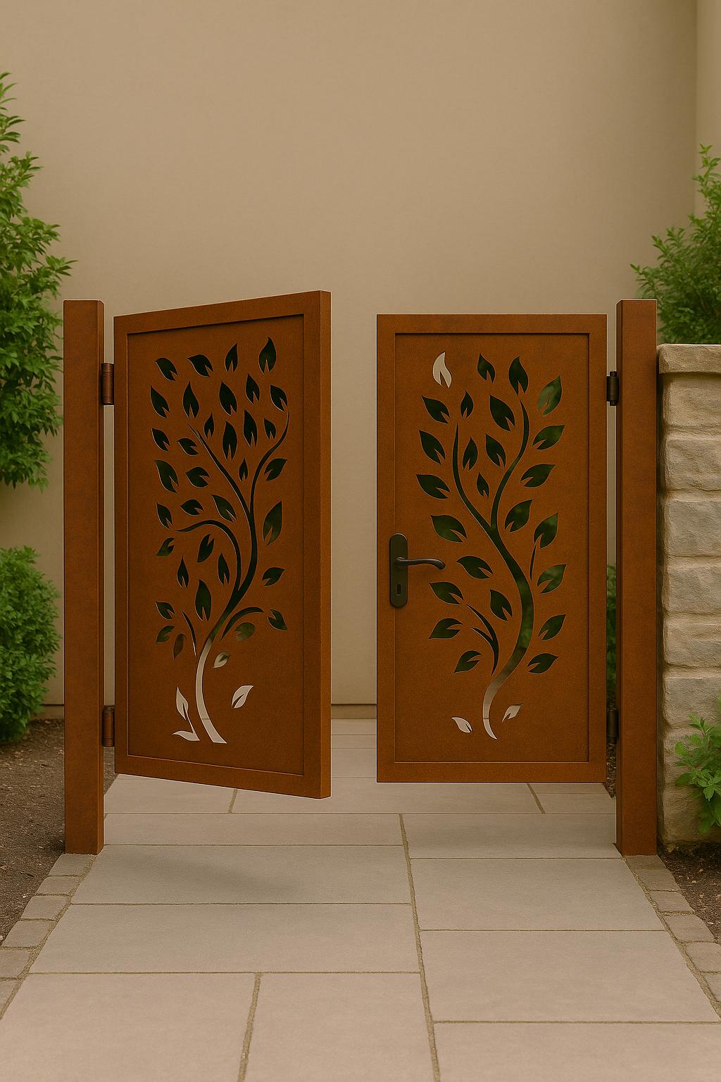 Corten Steel Garden Gate: Laser Cut Tree Design, Modern Entry - Etsy