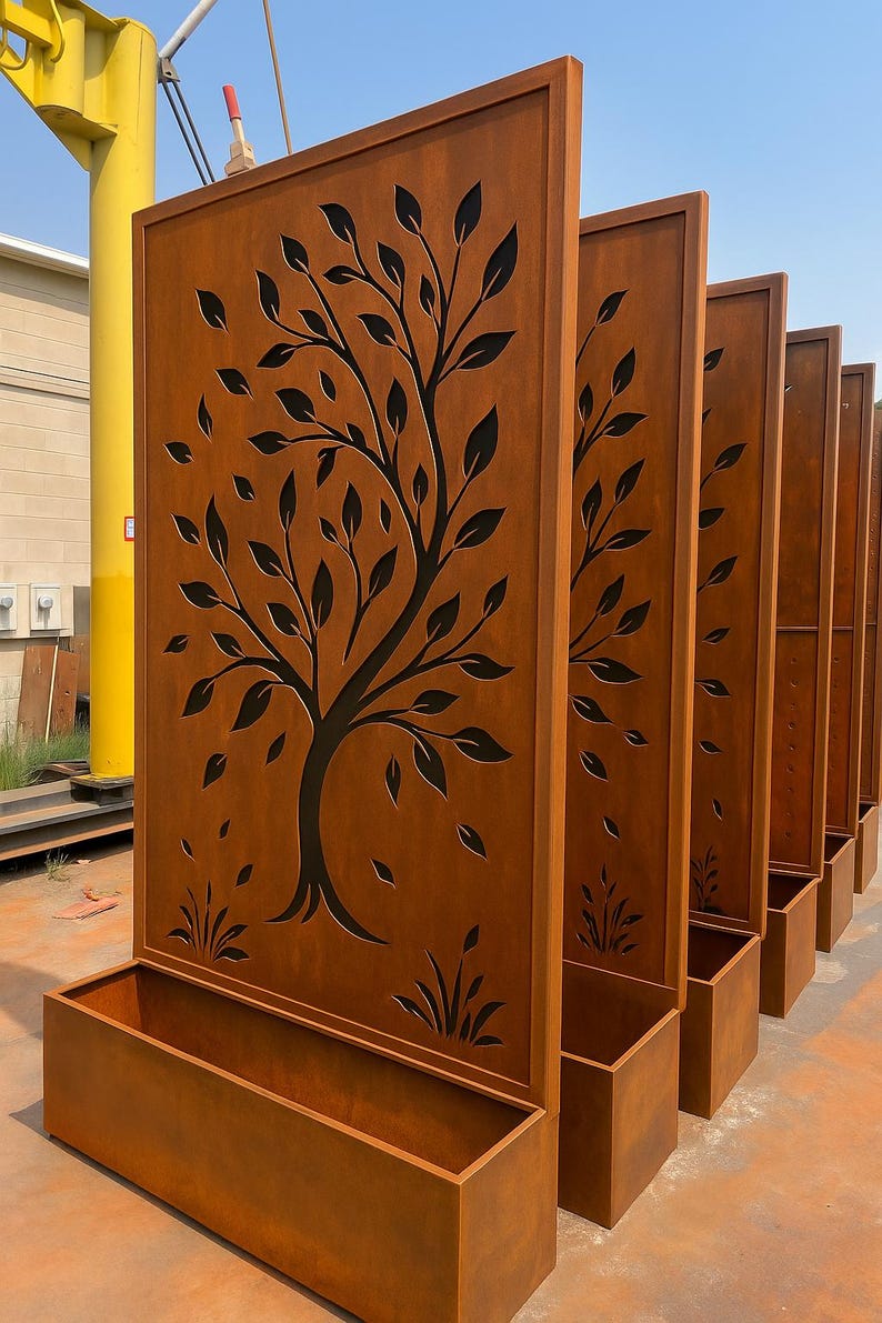 Corten Steel Privacy Panels With Planters: Laser Cut Tree & Bird Design ...