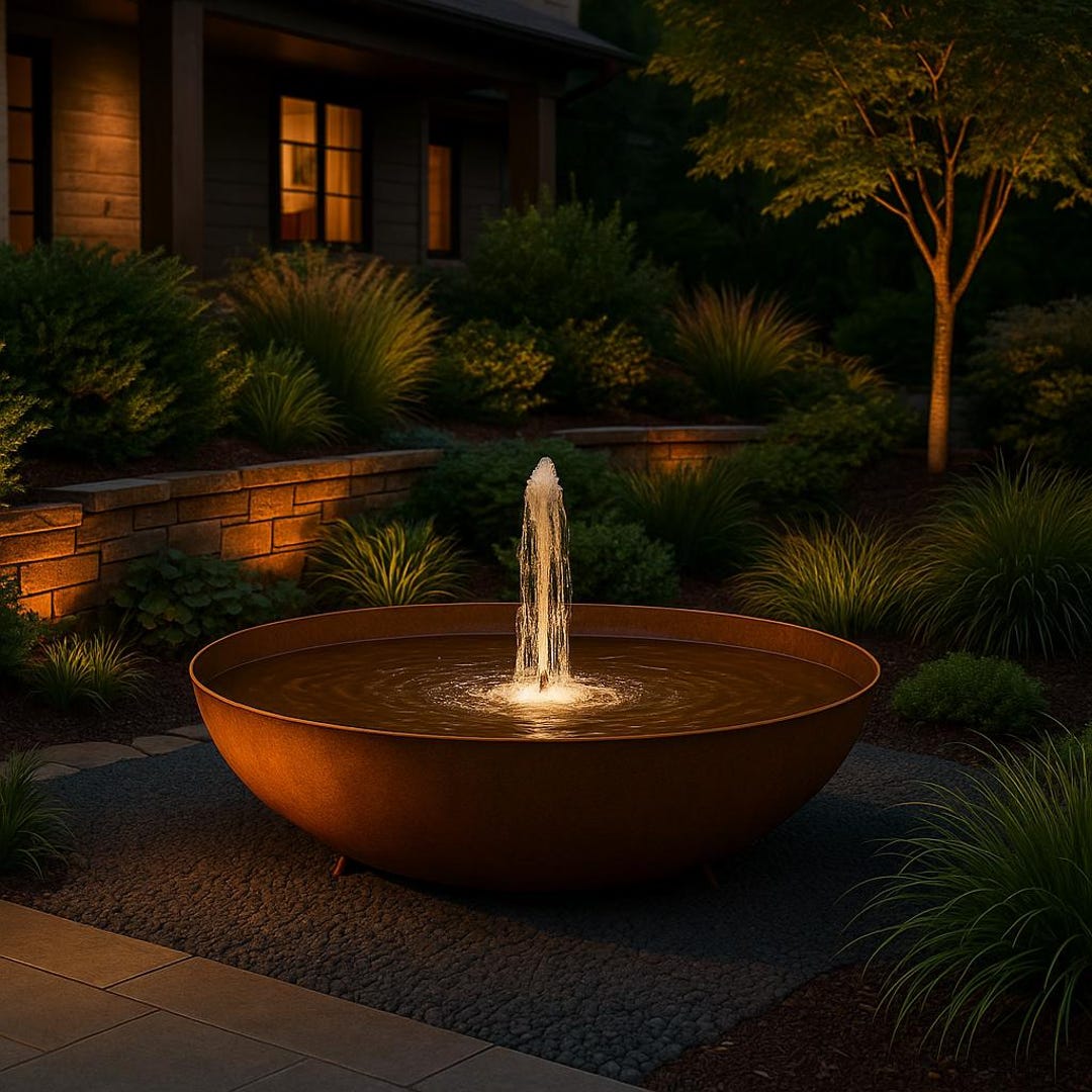 Elegant Corten Steel Fountain Bowl – 48” Modern Outdoor Water Feature ...
