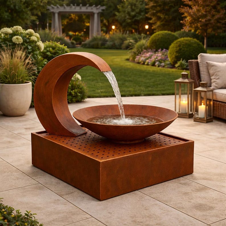 Corten Steel Garden Fountain: Sculptural Rust Bowl Water Feature - Etsy