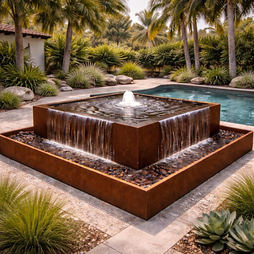 Modern Corten Steel Square Overflow Water Fountain – Outdoor Feature - Etsy