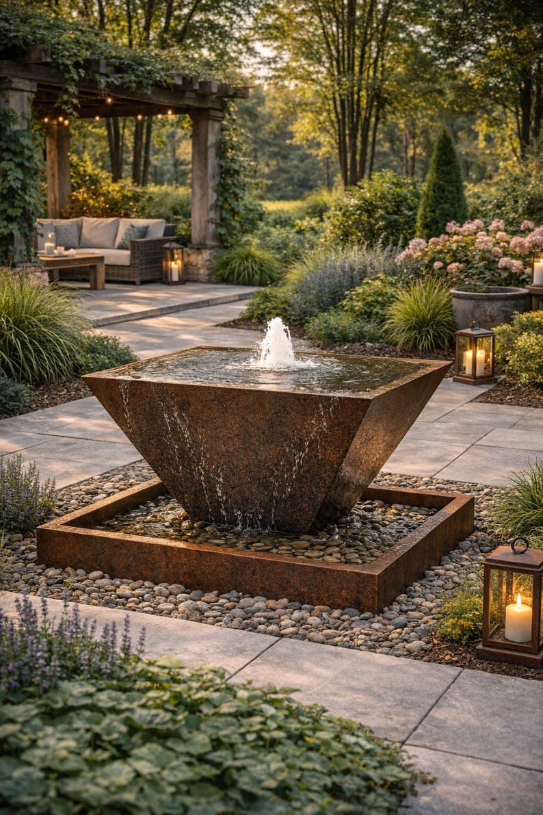 Modern Inverted Pyramid Water Fountain – Matte Black Steel Outdoor ...