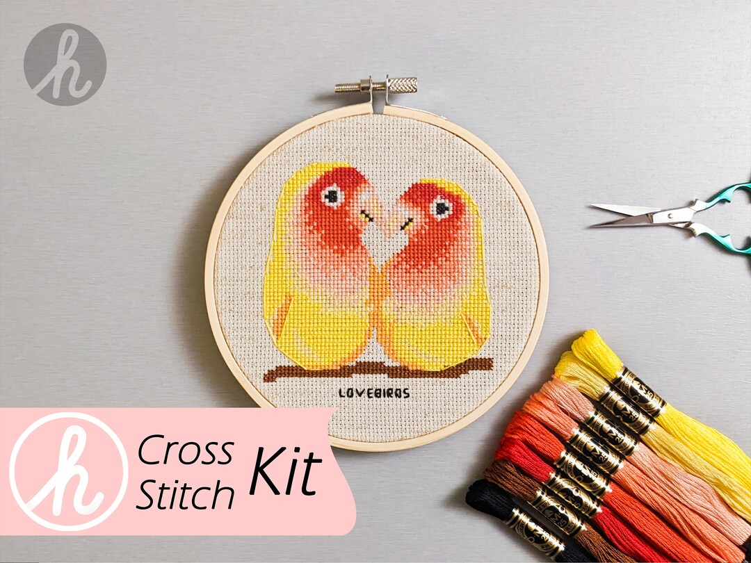KIT: Lovebirds 5 Valentines Counted Cross Stitch Kit, DIY Lovers Art, Wall Hanging Girlfriend ...