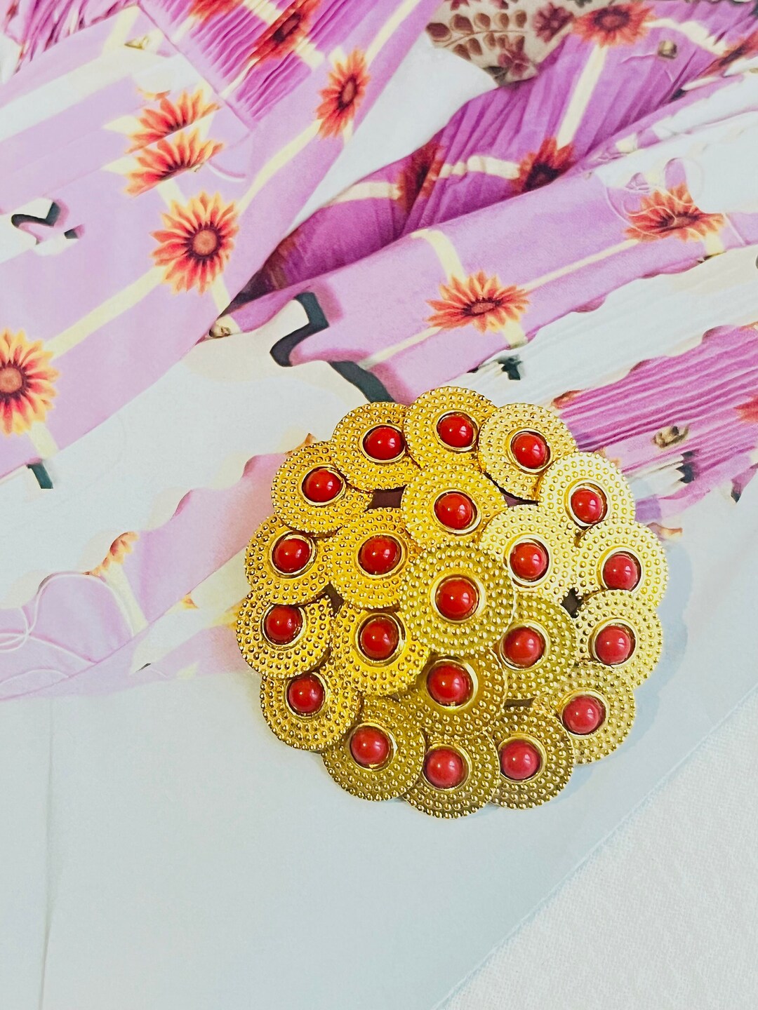Christian Dior Vintage 1967 Disc Circle Red Beads Balls Openwork Domed ...