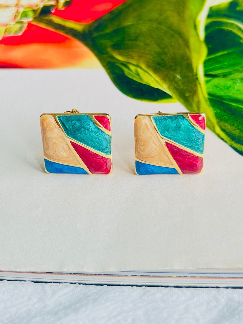Burgundy Green Navy Brown Square Enamel Patchwork Modernist Clip Earrings, Gold, Mom, Girl, Wife ...