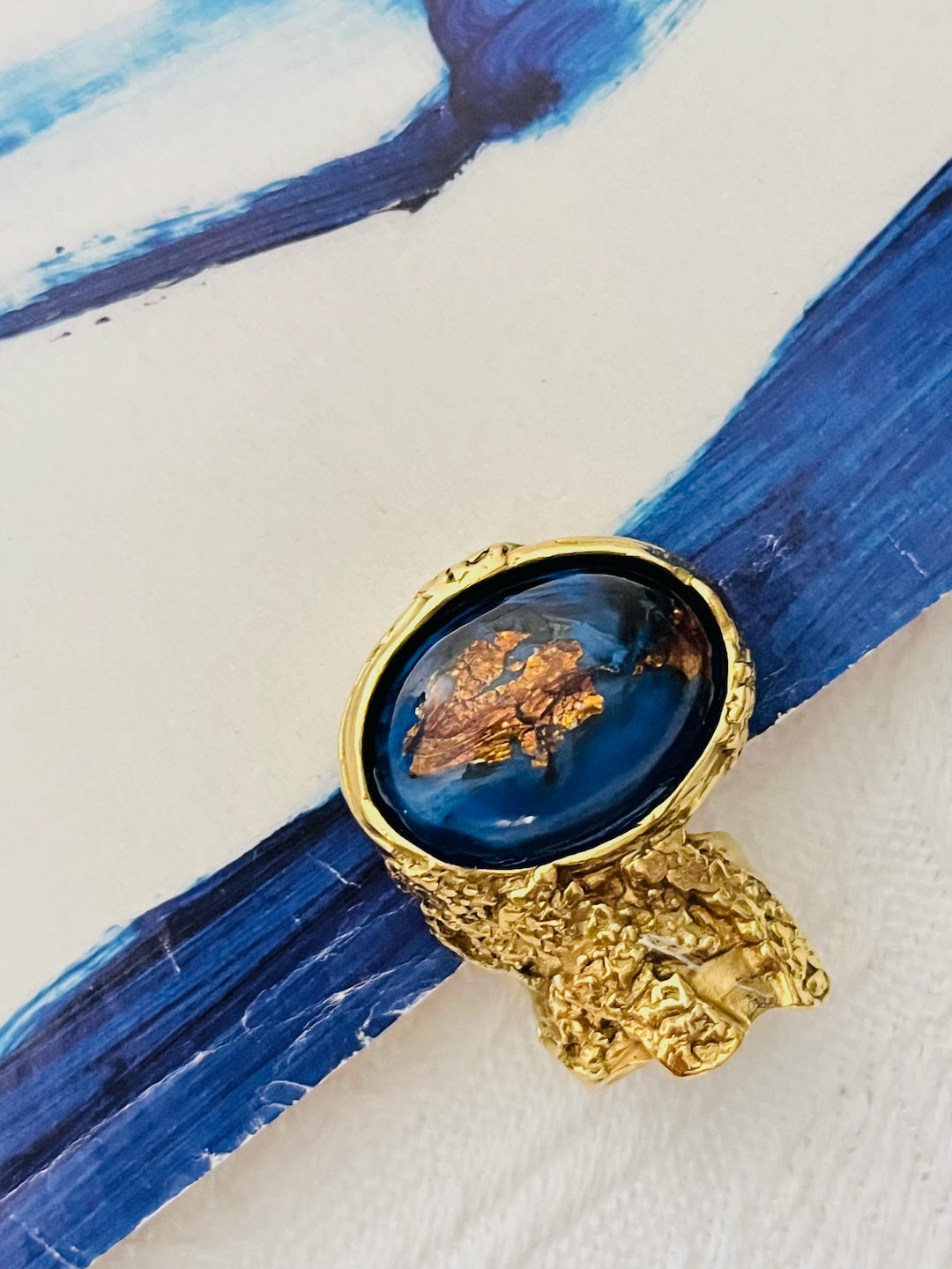 Yves Saint Laurent YSL Arty Large Lapis Navy Foil Cabochon Cocktail ...
