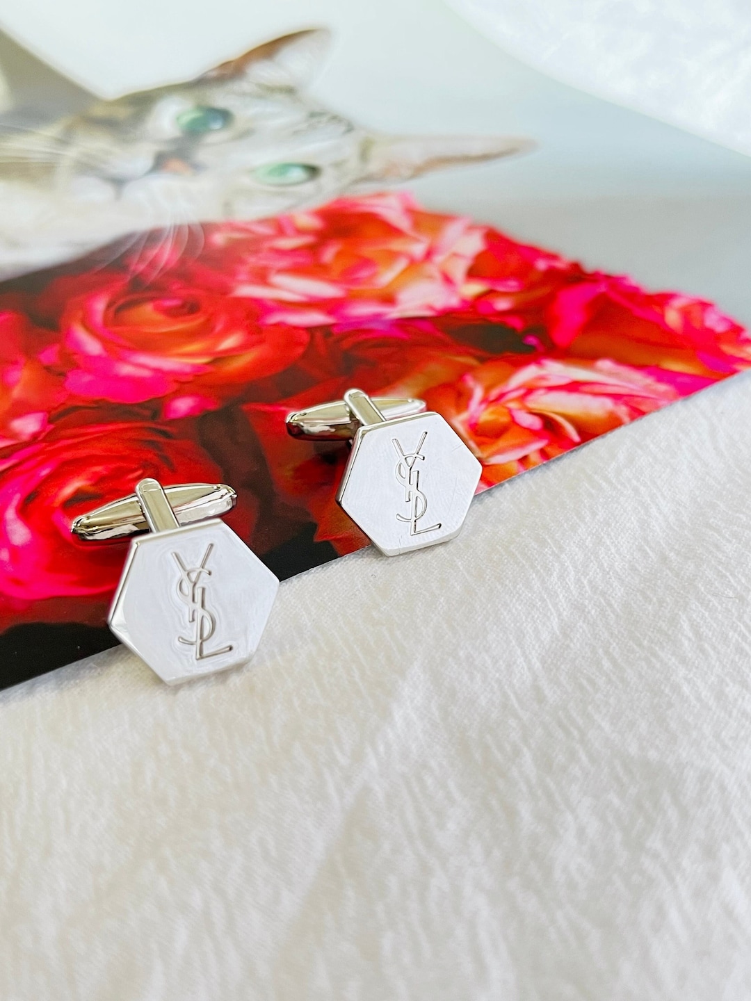Yves Saint Laurent Classic Logo Hallmark Monogram YSL Hexagon Cufflinks ...
