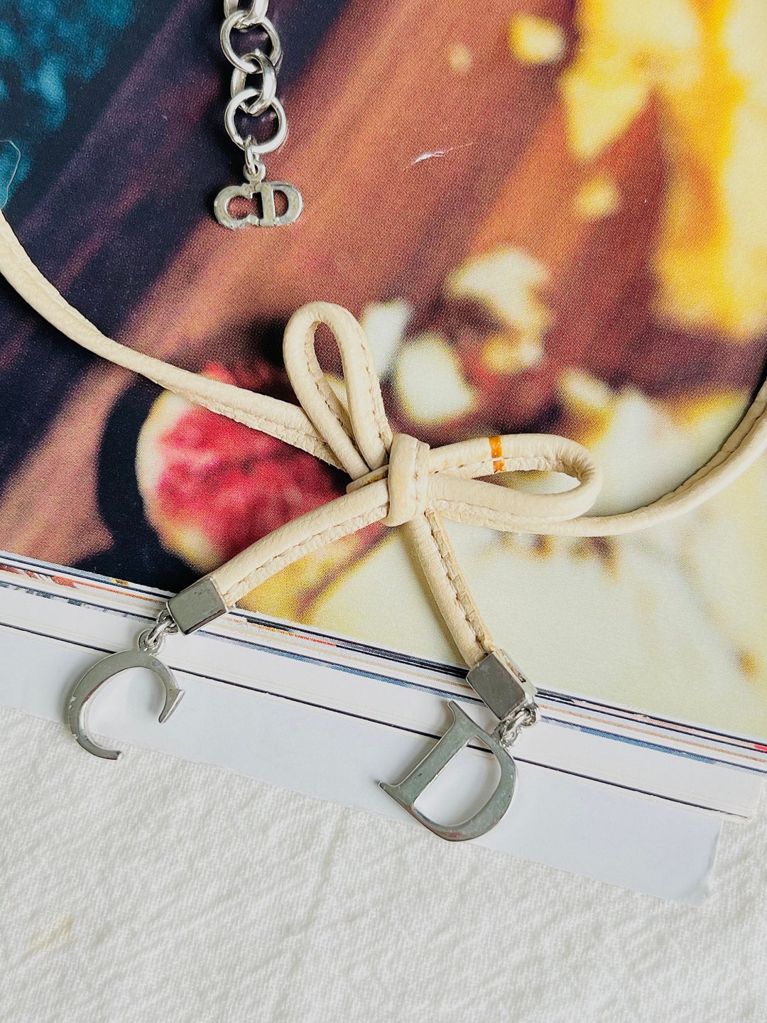 Christian Dior Vintage 1990 CD Logo Charm Bow Tie Beige Leather Choker ...