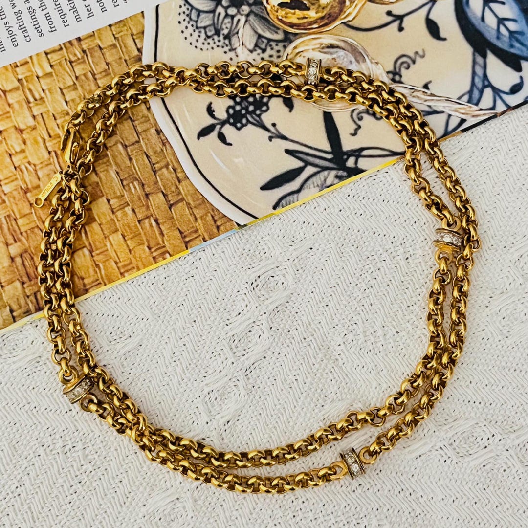 D'orlan Vintage 1980s Long Crystals Interlocked Linked Chain Necklace ...