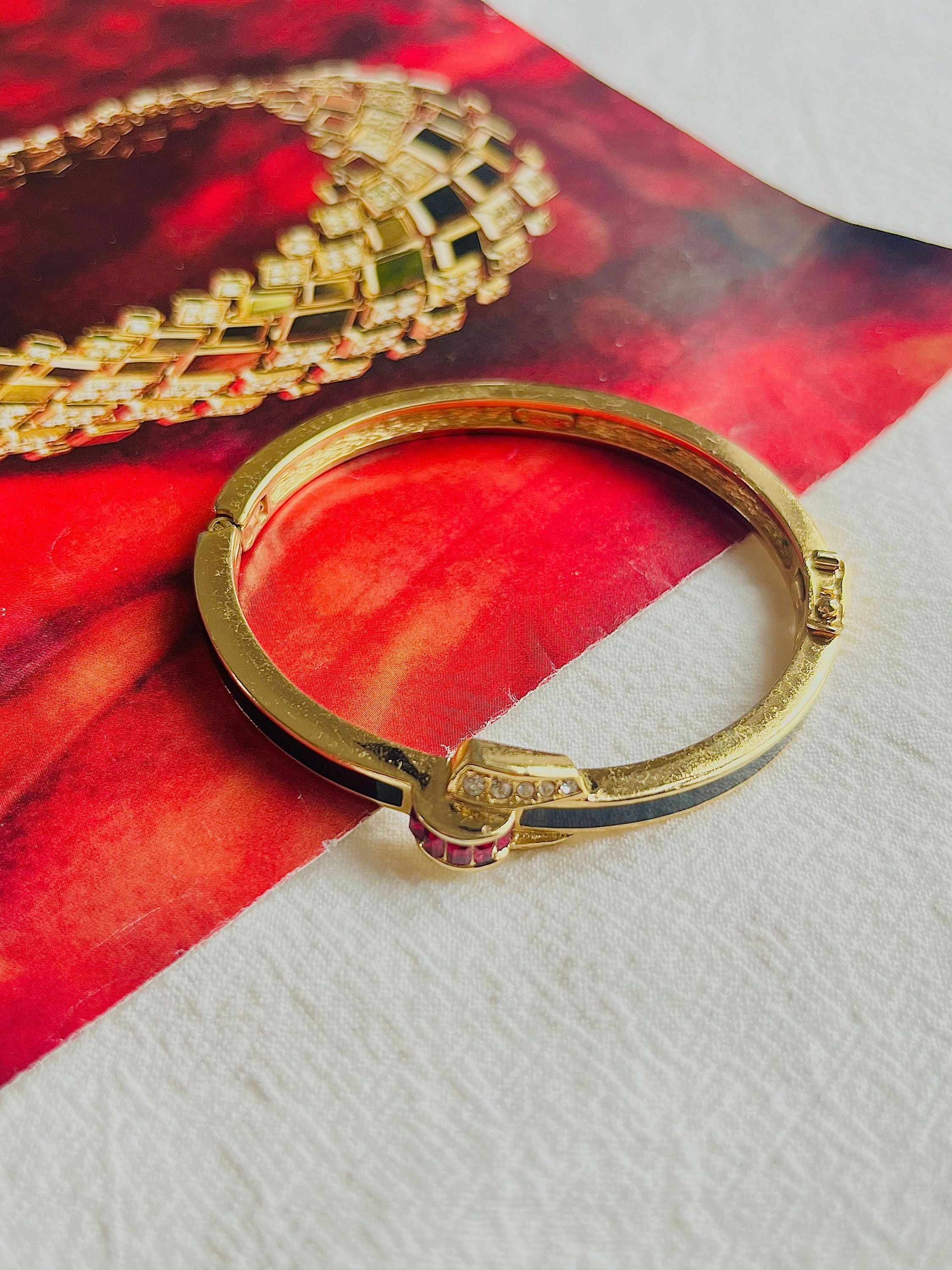 Christian Dior Vintage 1980s Unisex Black Ruby Crystals Cuff Christian Dior Vintage 1980s Unisex Black Ruby Crystals Cuff