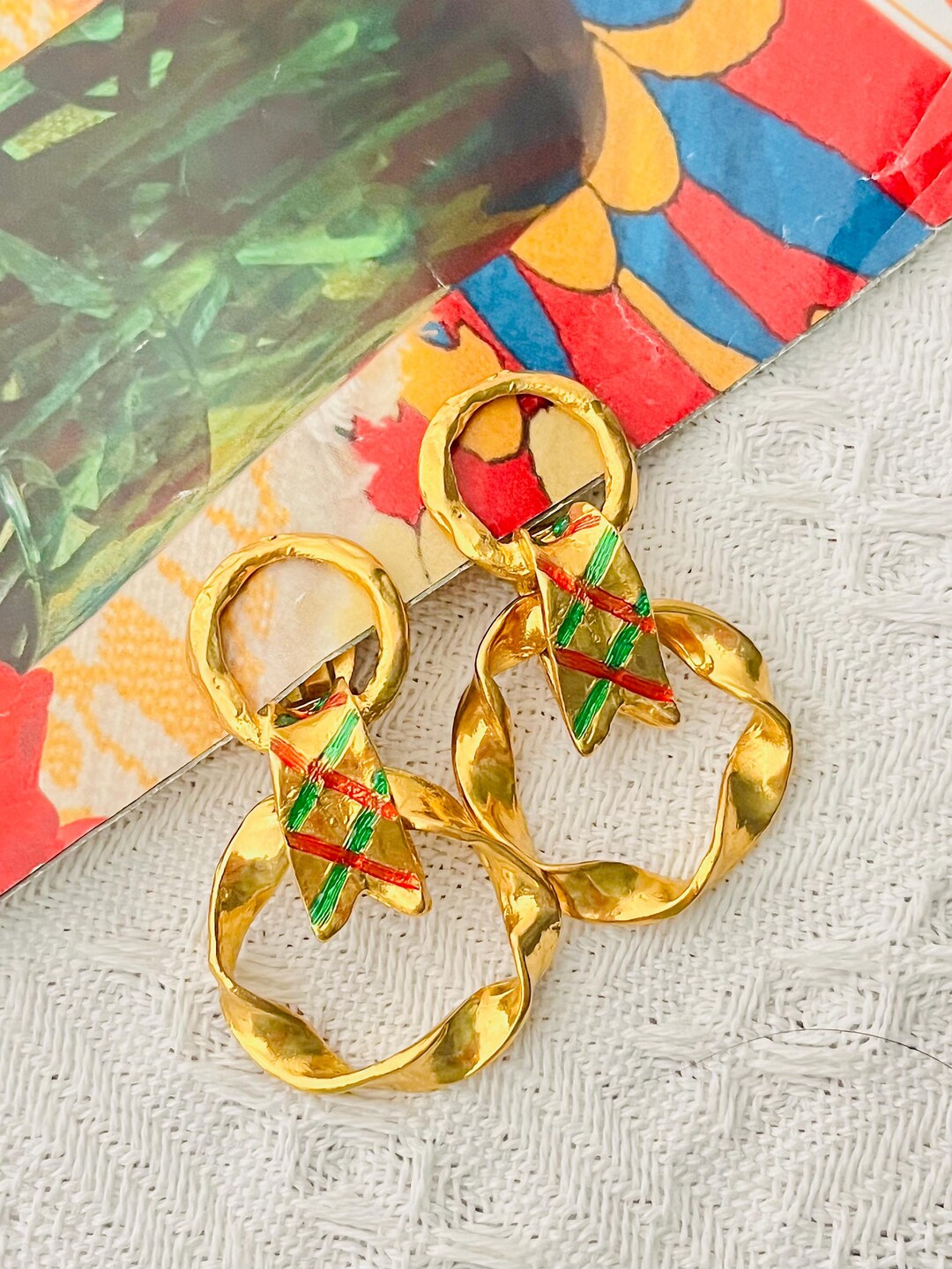Yves Saint Laurent YSL Vintage Double Circle Green Red Ribbon Hoop Drop ...