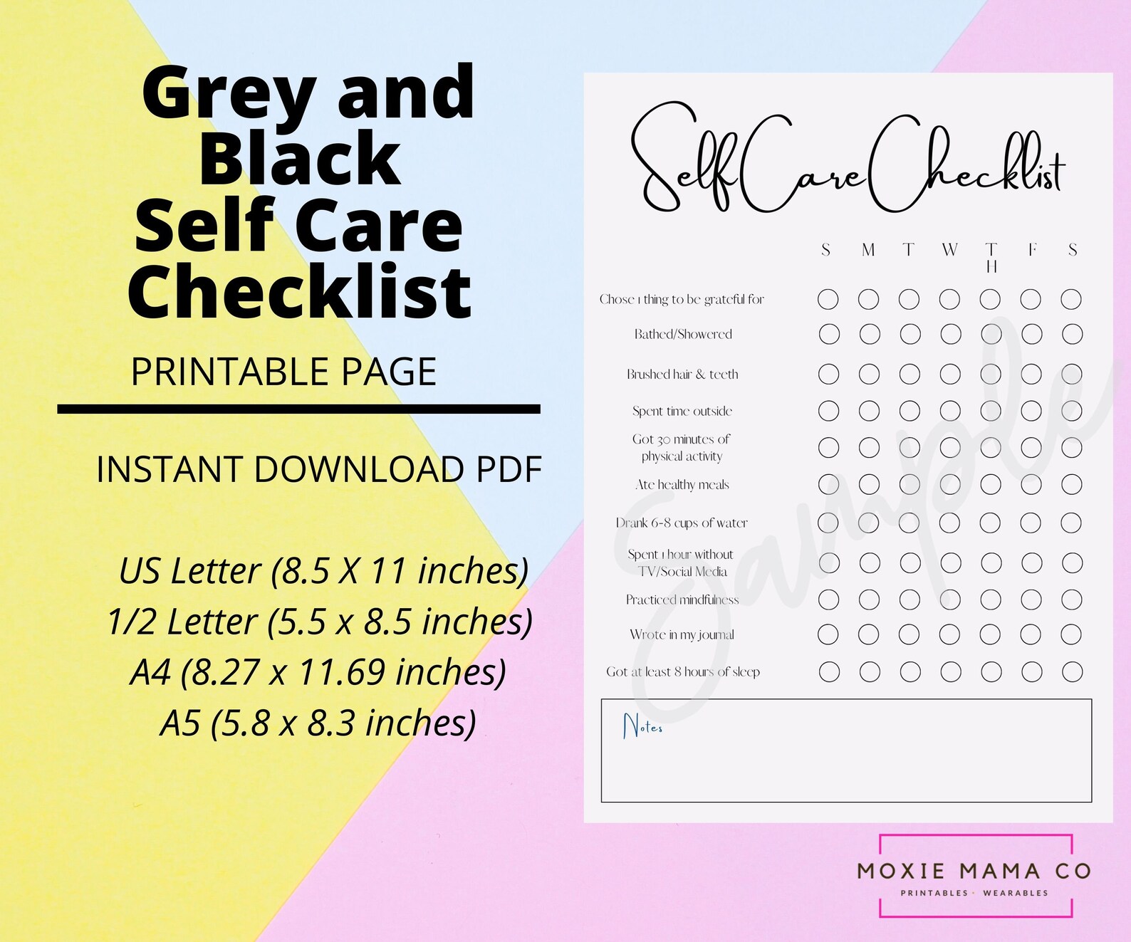 Grey and Black Self Care Checklist Instant Download PDF - Etsy