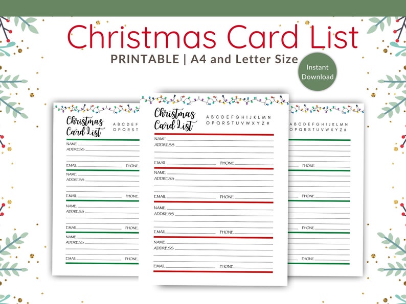 Christmas Card List Planner 8 Colors Printable PDF A4 & US Letter Sizes ...