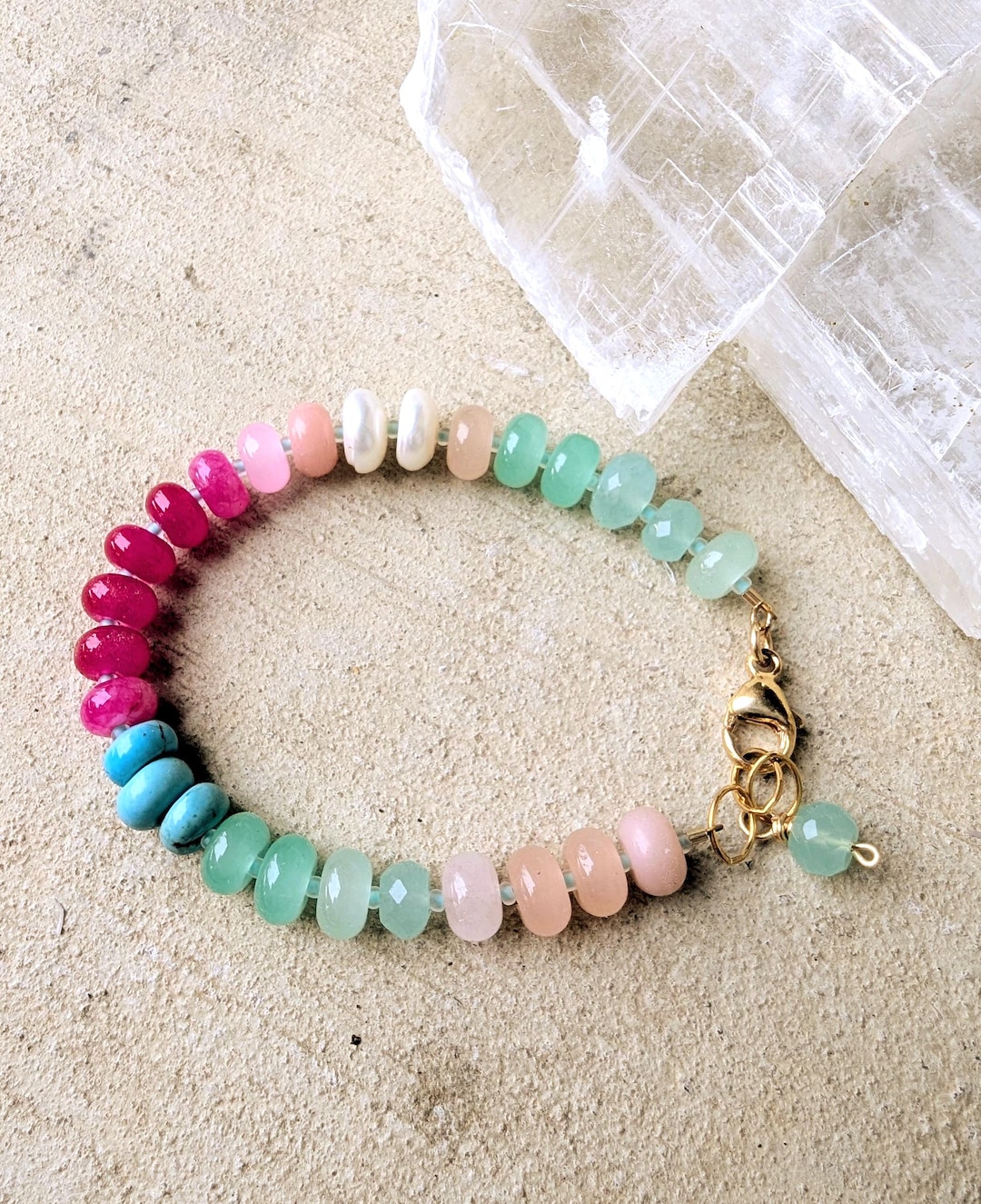 Handmade Rainbow Gemstone Beaded Bracelet With Gold Clasp - Etsy