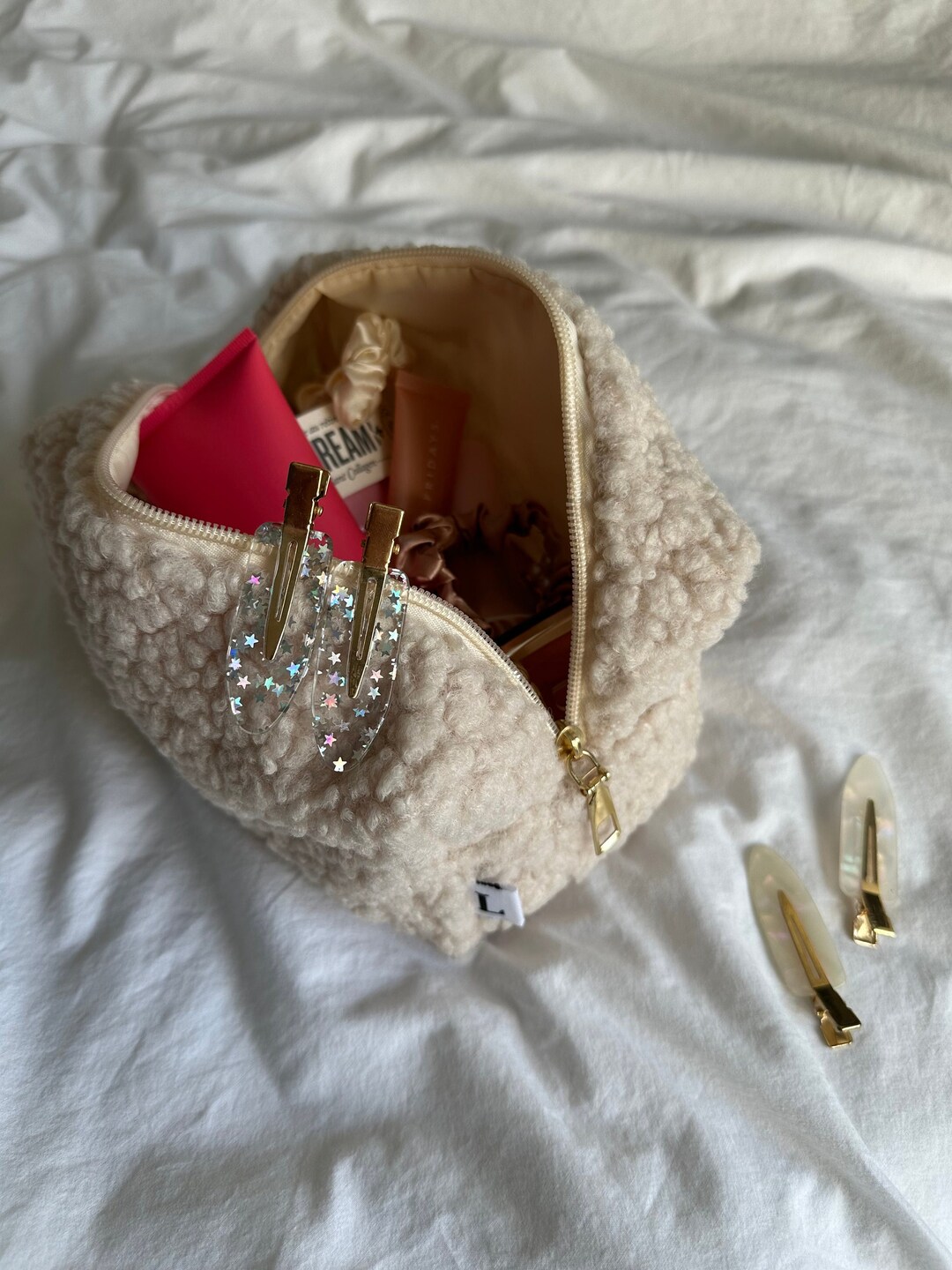 Sherpa Cream Bag For Makeup And Accessories Teddy Bear Travel Pouch