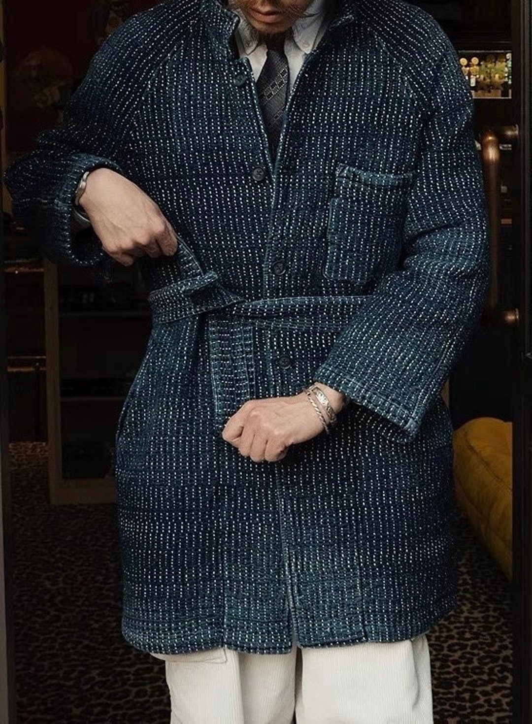 Japanese Style Dark Blue Indigo Dye Sashiko Mid-length Coat Heavyweight ...
