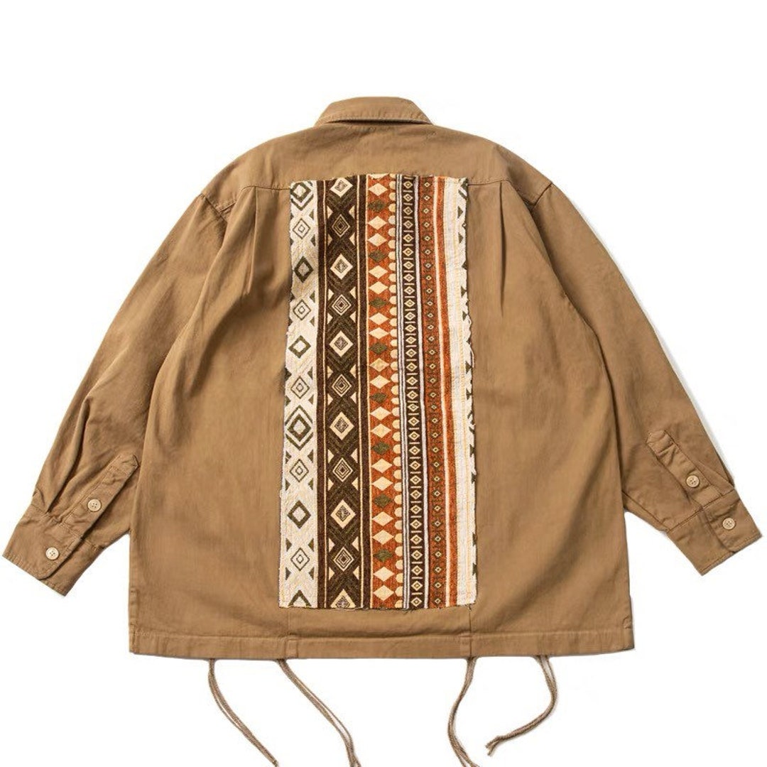 Japanese Khaki Folk Patchwork Long Sleeve Jacket Unisex Comfortable Fit ...