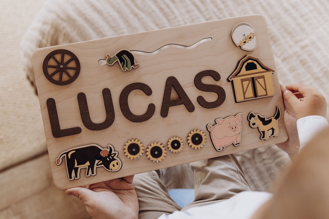 Farm Theme Name Puzzle Toddler Toys Personalized Baby Gift Montessori ...