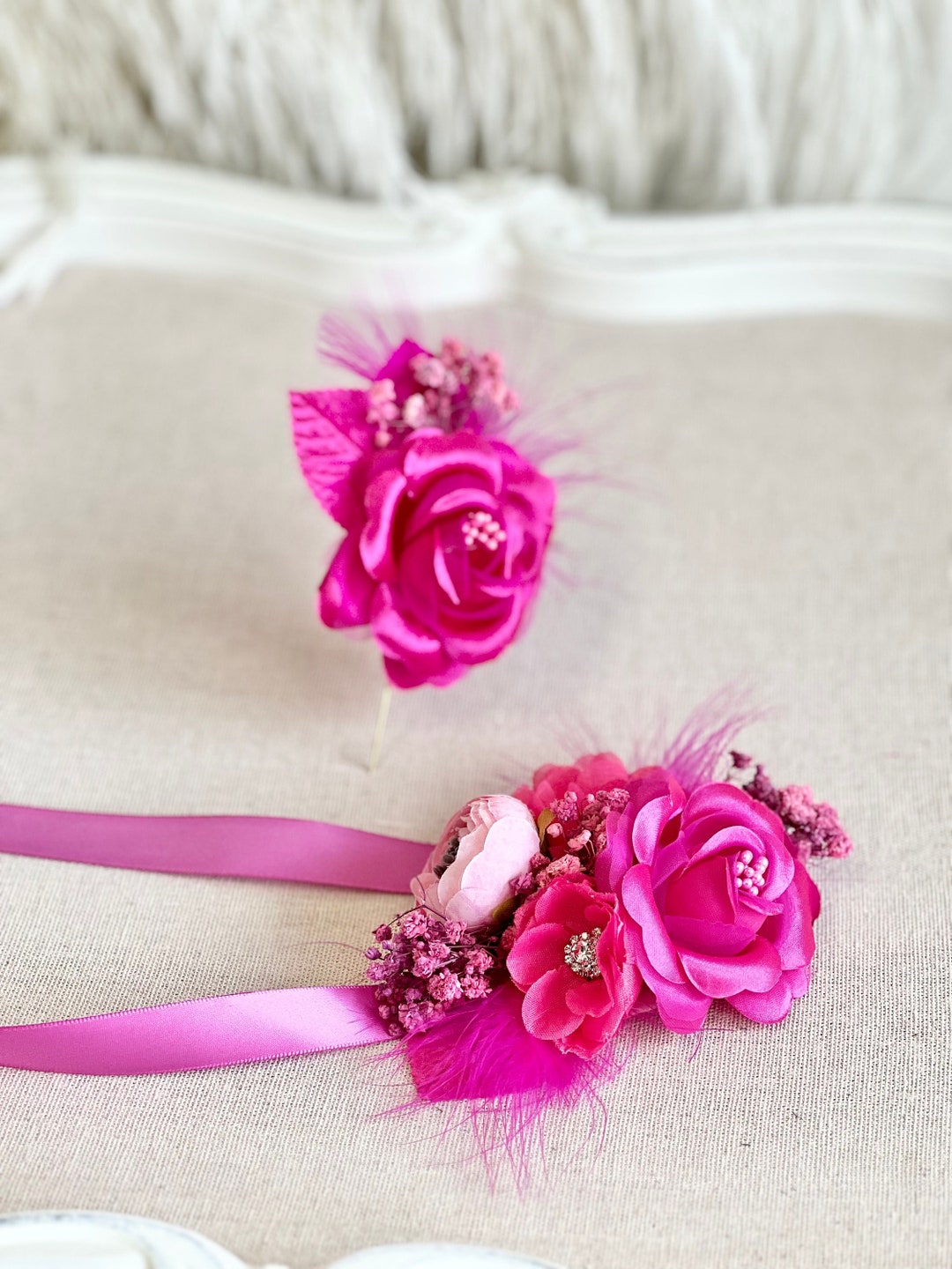 Hot Pink Corsage and Boutonniere Set, Prom Corsage, Wrist Wedding ...
