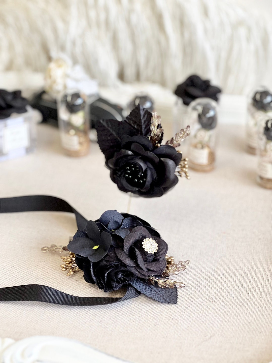 Black Corsages and Boutonnières Set, Prom Corsage, Wrist Elegance ...