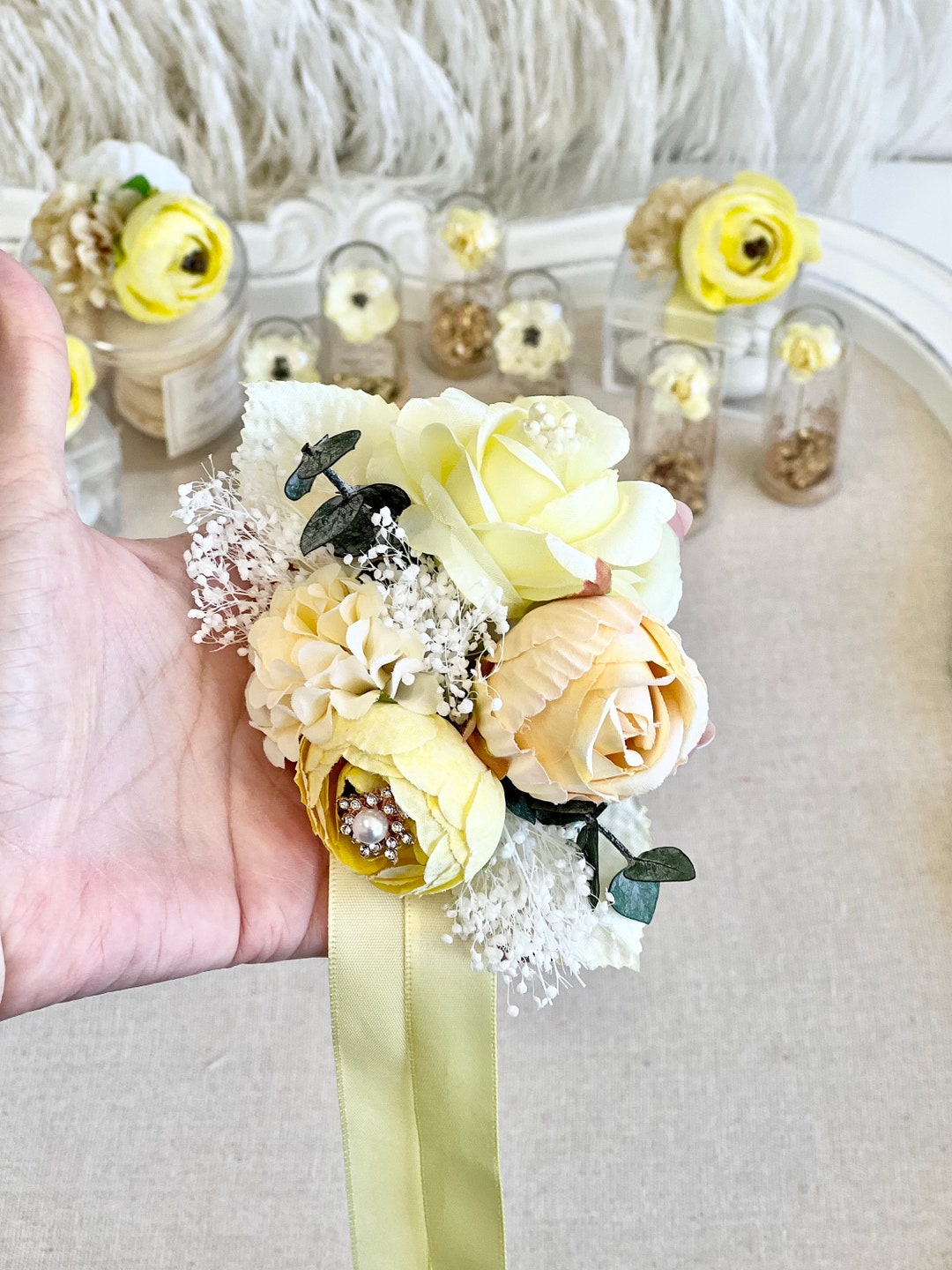 Light Yellow Corsage and Boutonniere Set, Prom Corsage, Wrist Wedding ...
