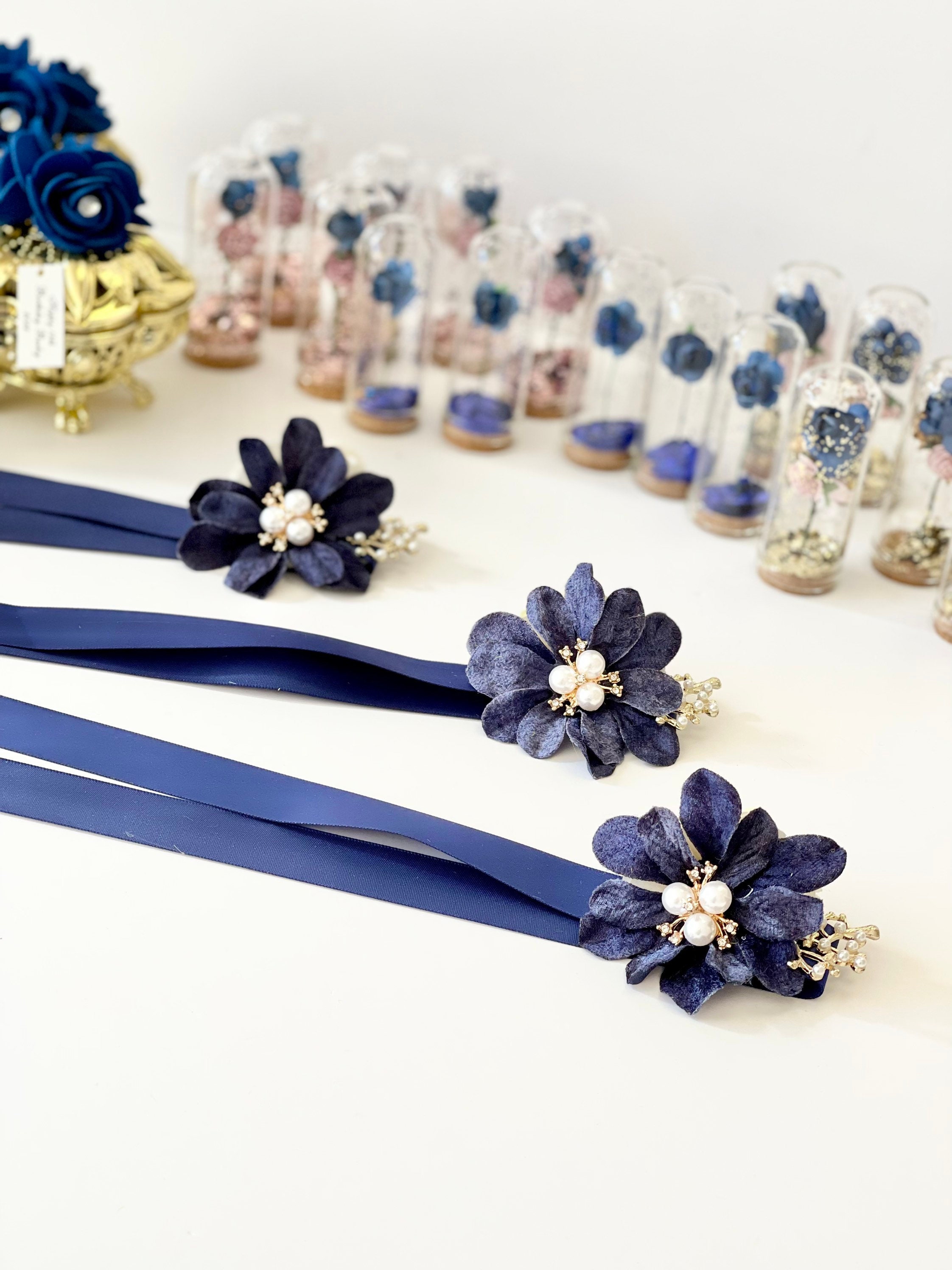 Navy Blue Prom Corsage Set, Wedding Corsages, Wrist Corsage ...
