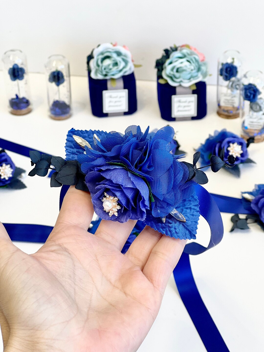 Royal Blue Corsages and Boutonnières Set, Wrist Corsage, Wedding ...