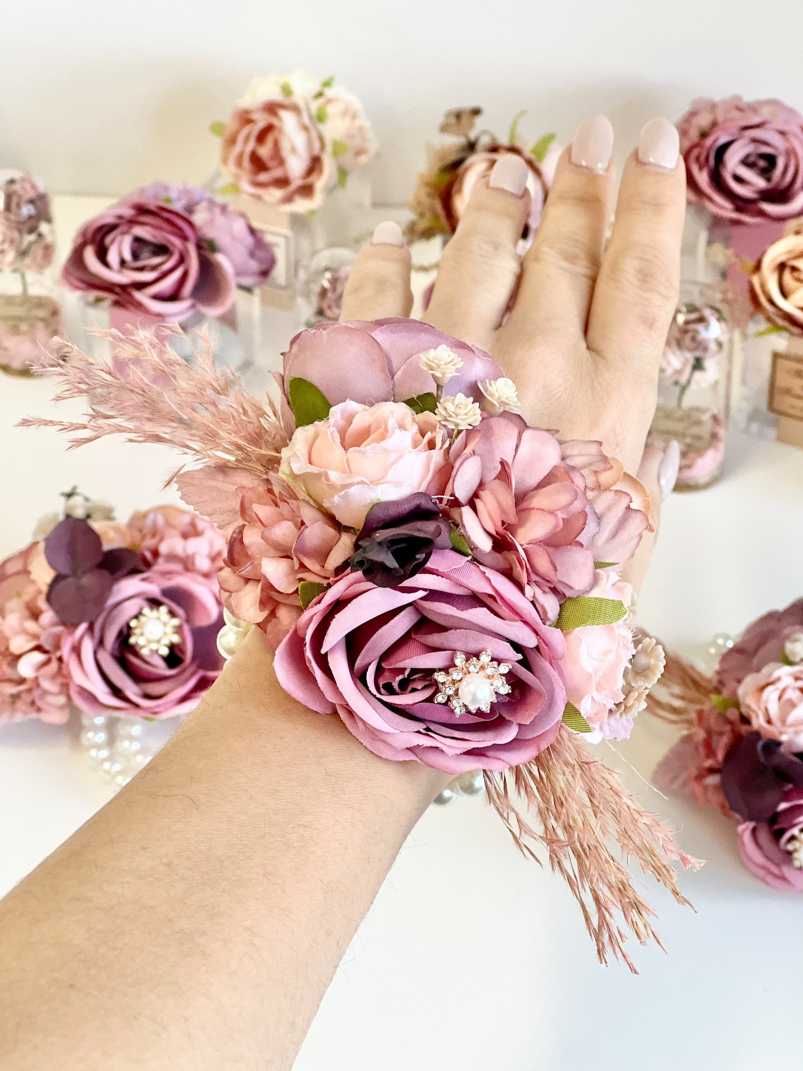 Dusty Rose Wedding Corsages, Prom Corsage and Boutonniere Set, Wrist ...