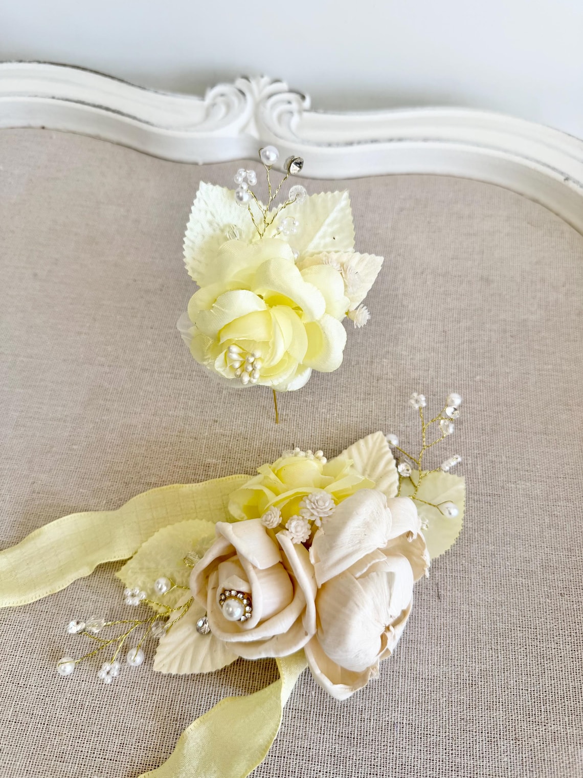 Light Yellow Corsage and Boutonniere Set, Prom Corsage, Wrist Wedding ...
