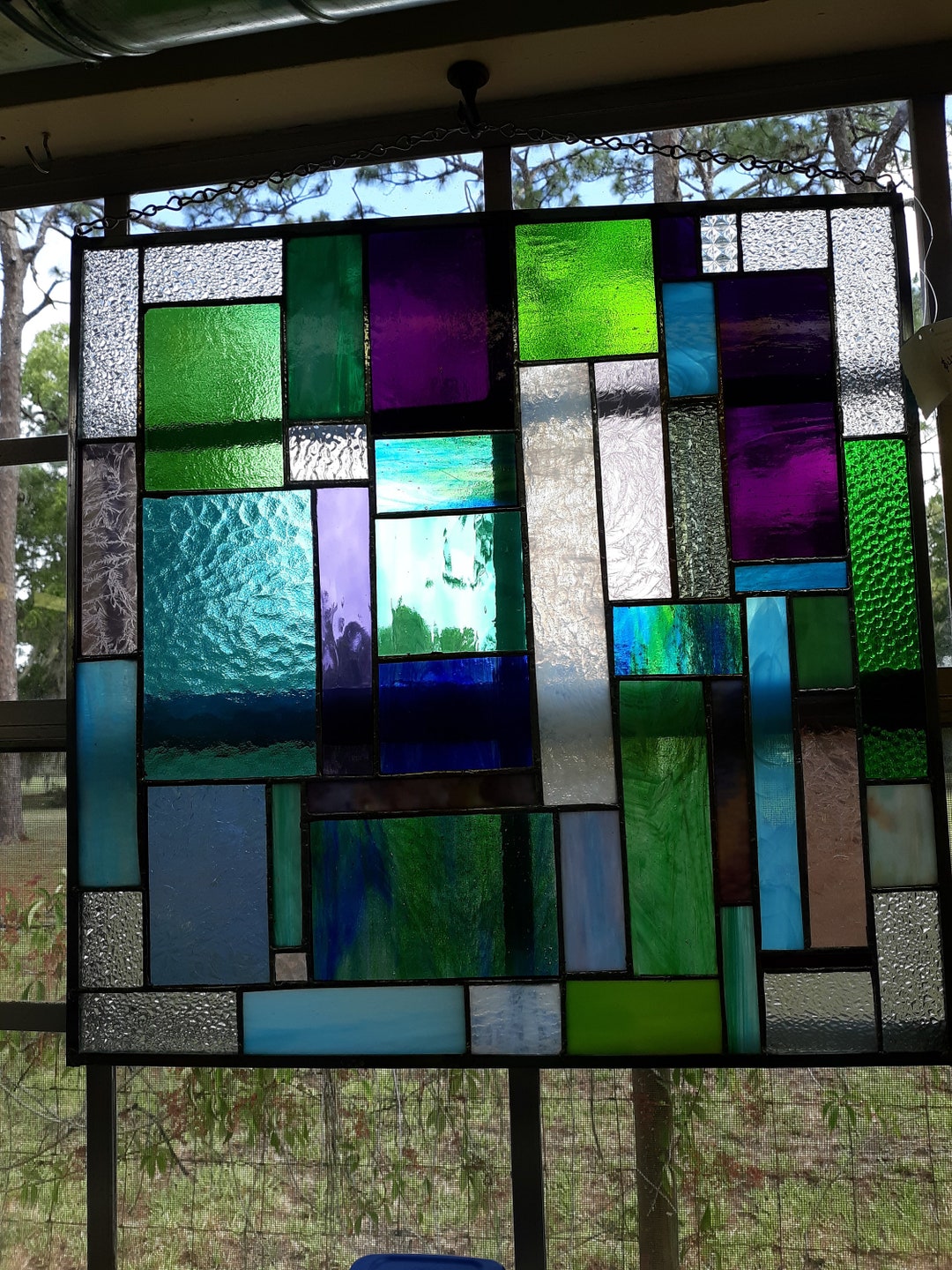 Stained Glass Window Panel of Multi Colors 24 X 24 Blues ,greens ...