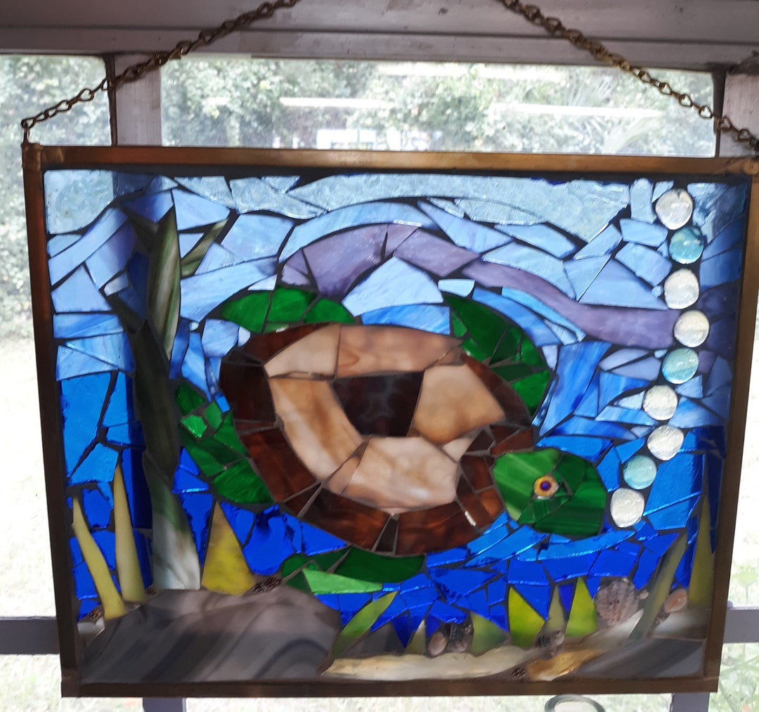 Sea Turtle Stained Glass Hanging Panel in Mosaic Style Sun Catcher Free ...