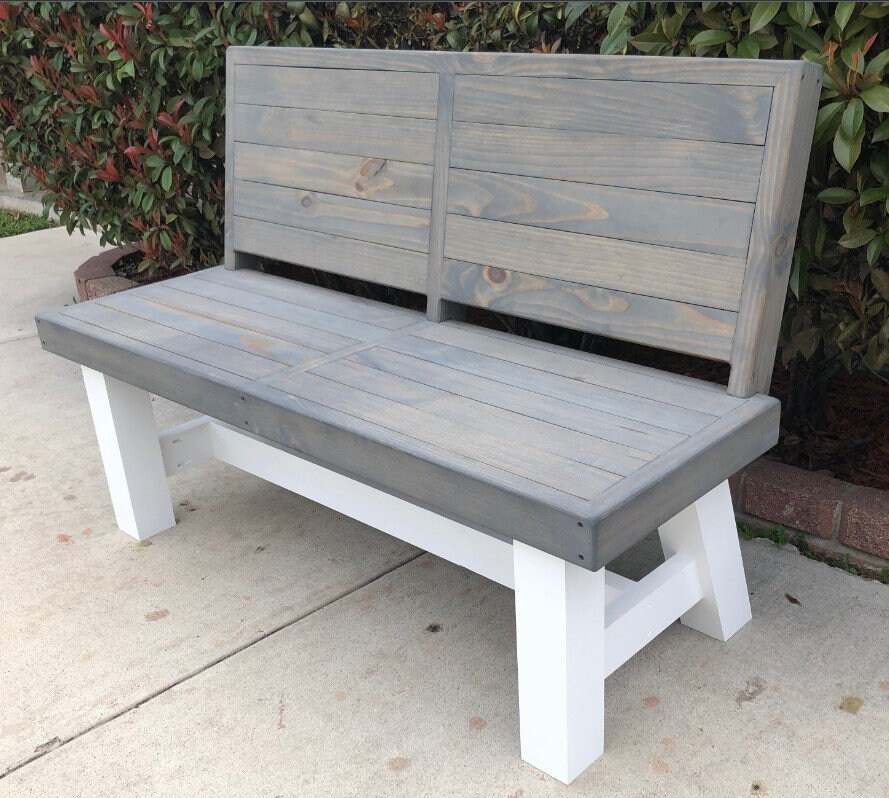 Farmhouse Outdoor Wood Bench with Back Rest- Solid Wood- Handcrafted