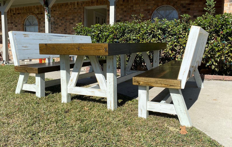 Farmhouse Distressed Outdoor Rustic Table Bench W/backs Set - Etsy