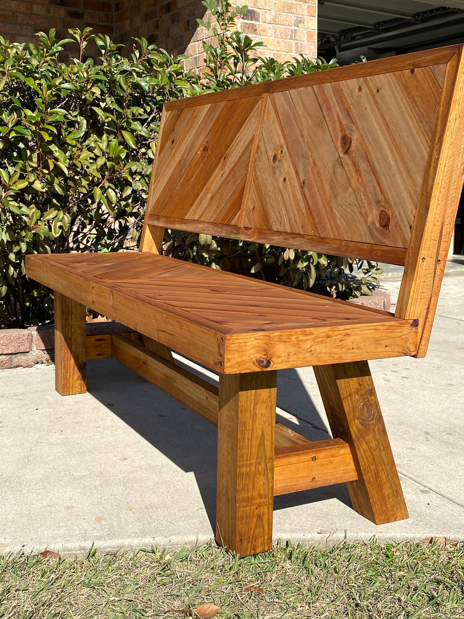 Herringbone Design Outdoor Wood Bench With Back Rest Solid | Etsy