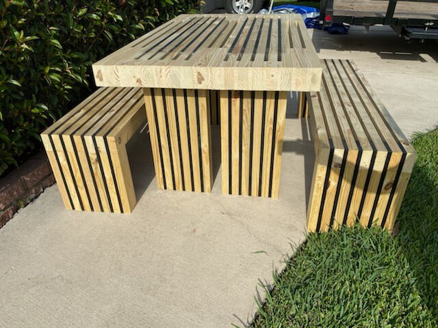 Modern Outdoor Slatted Patio Table Bench Set- Handmade Solid Wood