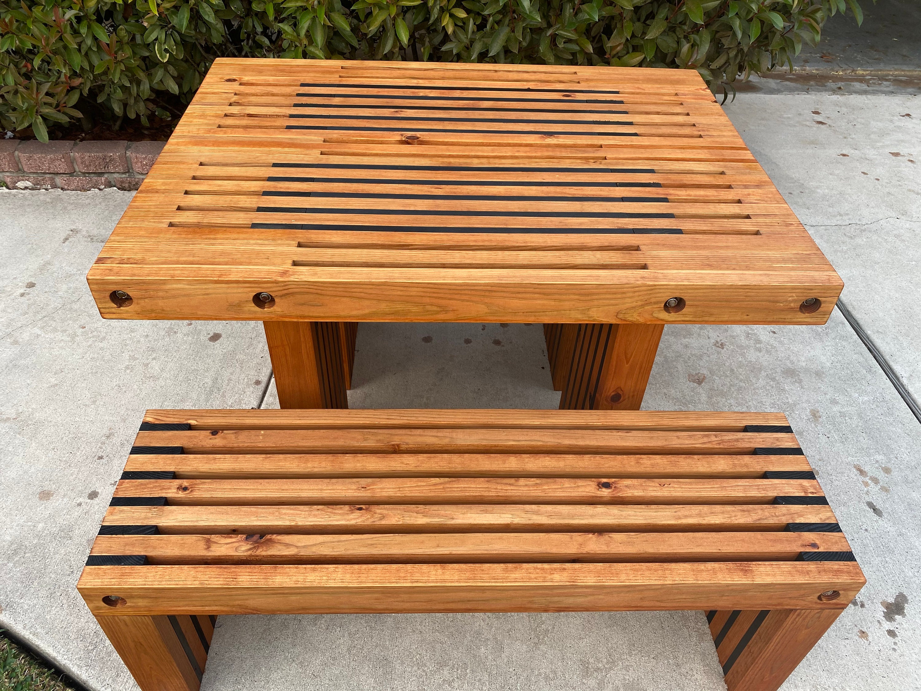 Modern Outdoor Slatted Patio Table Bench Set- Handmade Solid Wood