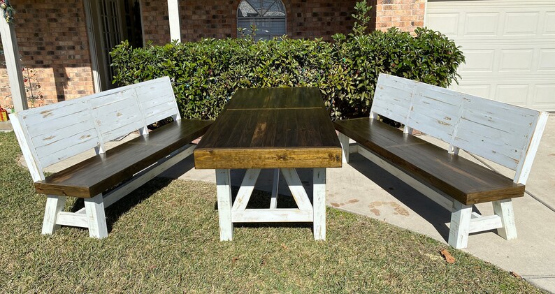 Farmhouse Distressed Outdoor Rustic Table Bench W/backs Set - Etsy
