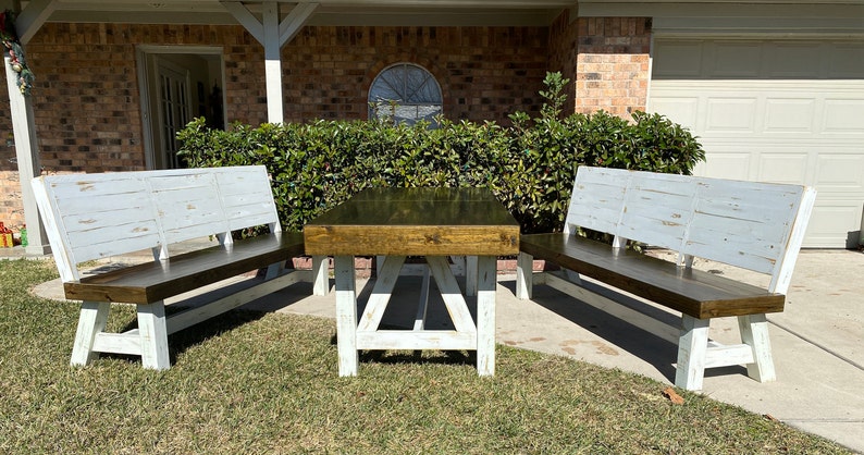 Farmhouse Distressed Outdoor Rustic Table Bench W/backs Set - Etsy
