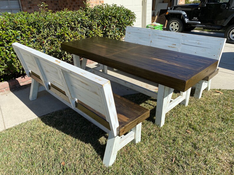 Farmhouse Distressed Outdoor Rustic Table Bench W/backs Set - Etsy