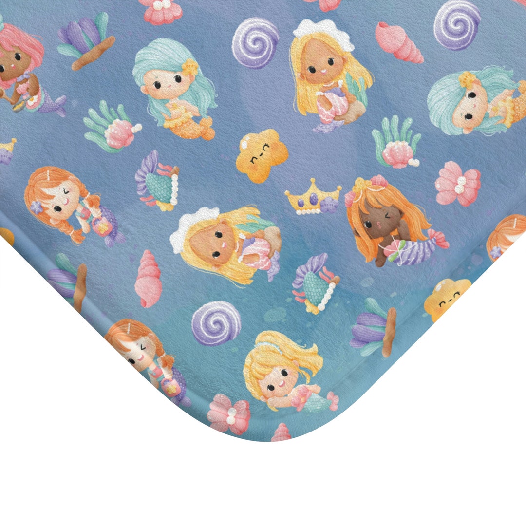 Cute Cartoon Mermaids Bath Mat | Kawaii Chibi Mermaid Watercolor Blue ...