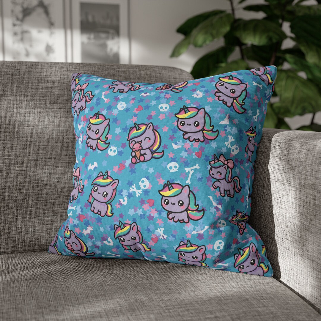 Pastel Goth Kawaii Unicorn Pillow Case Light Blue Spooky Cute Punk Emo ...