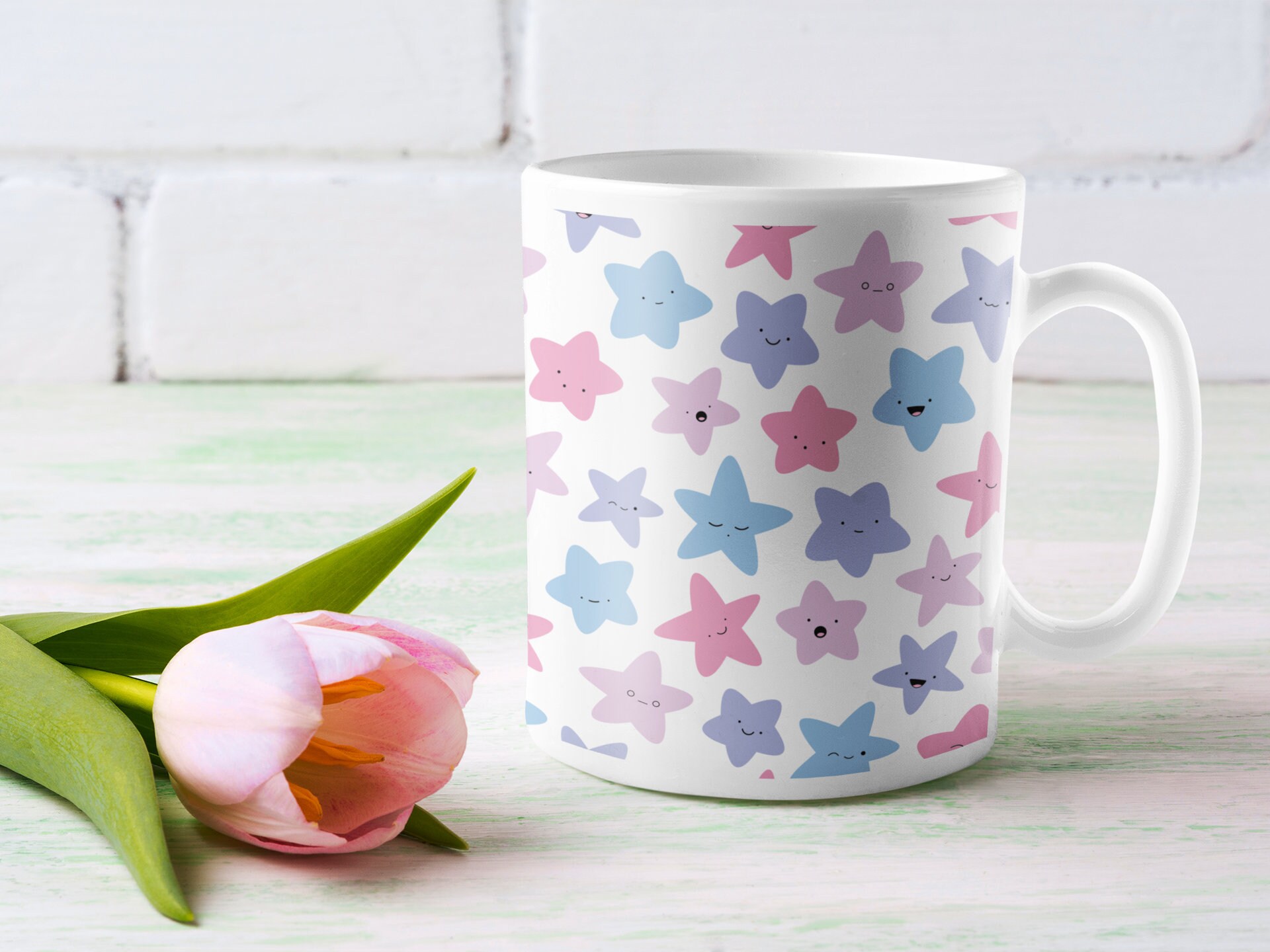 Estrellas lindas patrón taza pastel rosa azul púrpura kawaii caras ...
