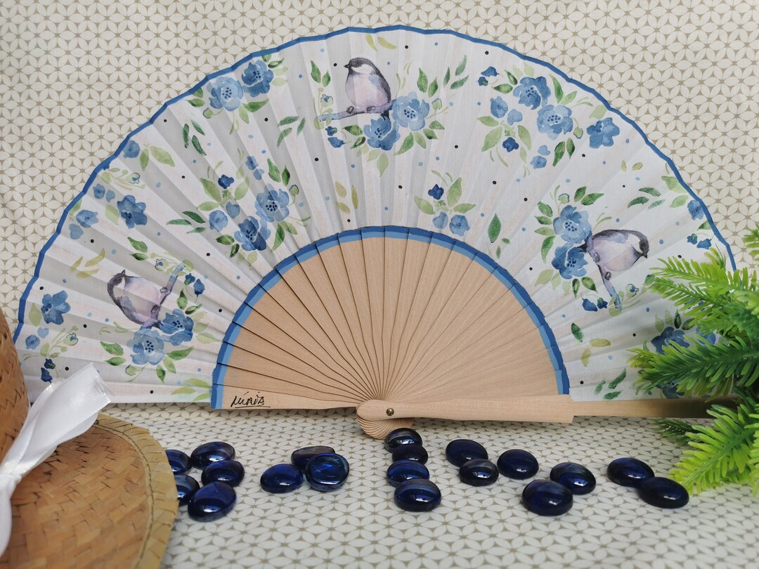 White Hand Fan With Blue Birds, Fan With Decoupage, Hand Fan Wooden ...